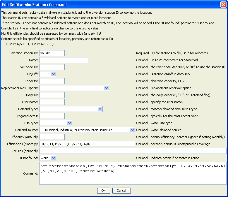 SetDiversionStation - CDSS / StateDMI