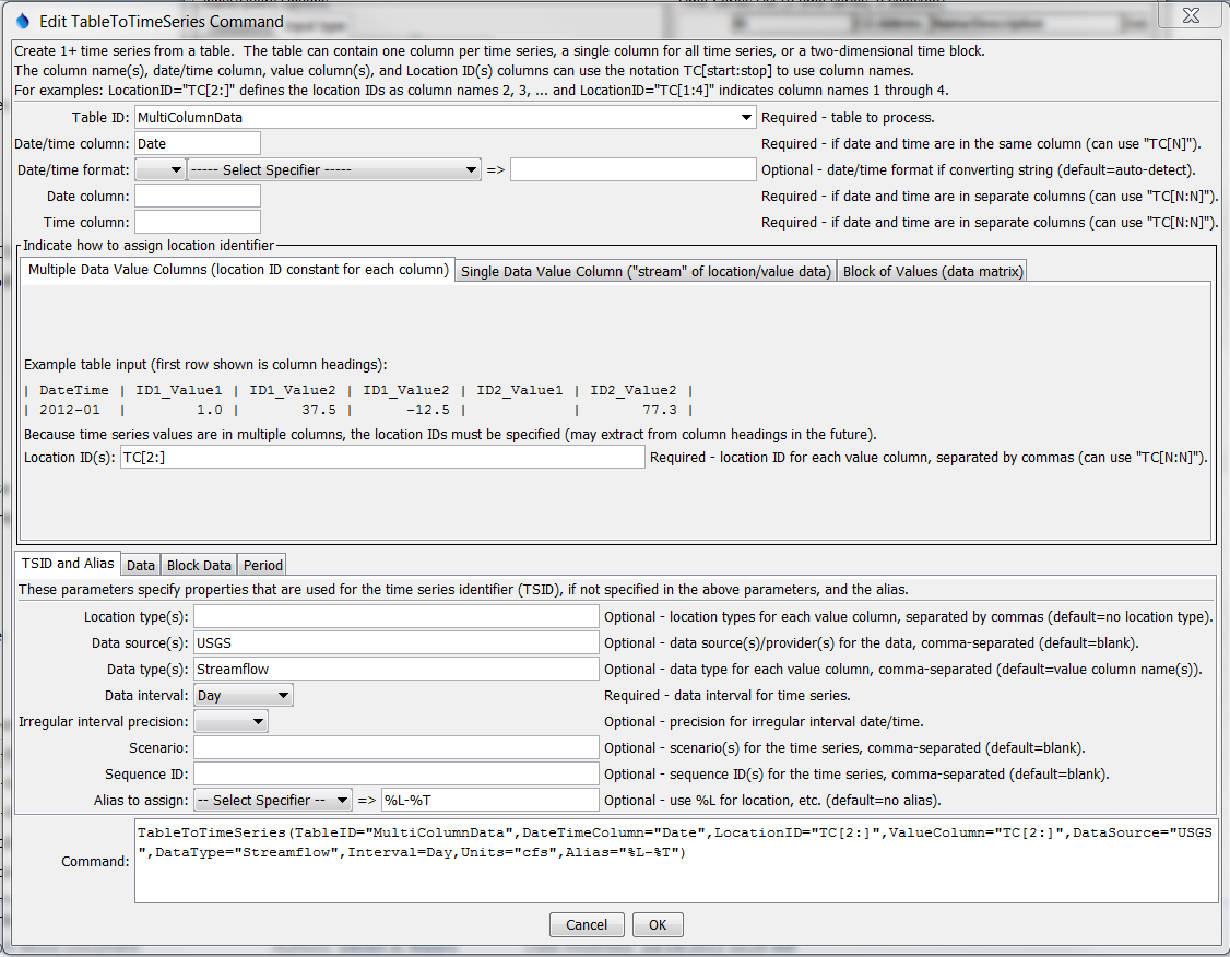 TableToTimeSeries - CDSS / TSTool