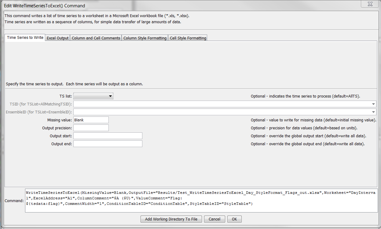 WriteTimeSeriesToExcel - CDSS / TSTool