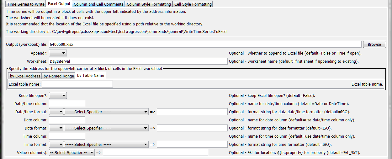 WriteTimeSeriesToExcel - CDSS / TSTool